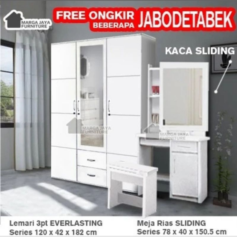Jual TERMURAH Lemari Pakaian Baju 3 Pintu Cermin + Meja Rias Kursi ...