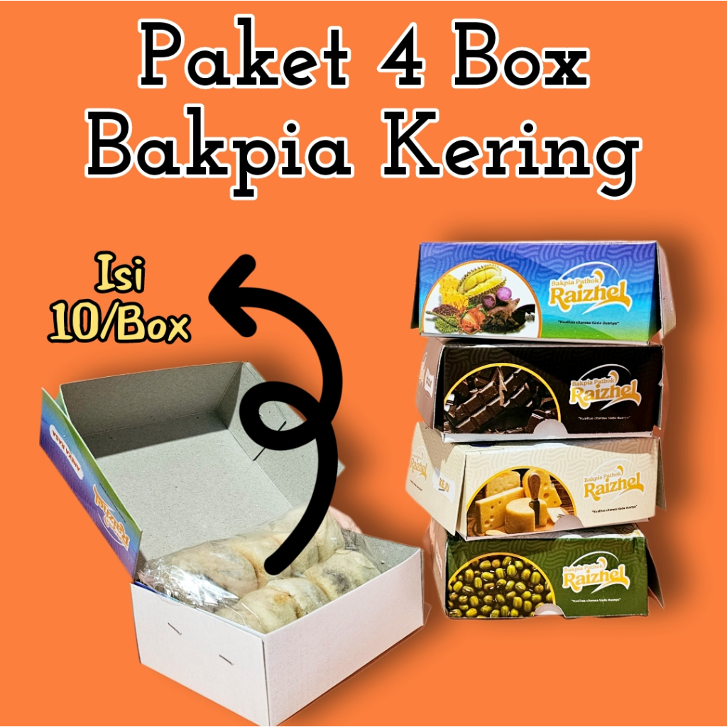 Jual Paket 4 Box Bakpaia Raizhel / Bakpia Pathok Kering ISI 10 | Shopee ...
