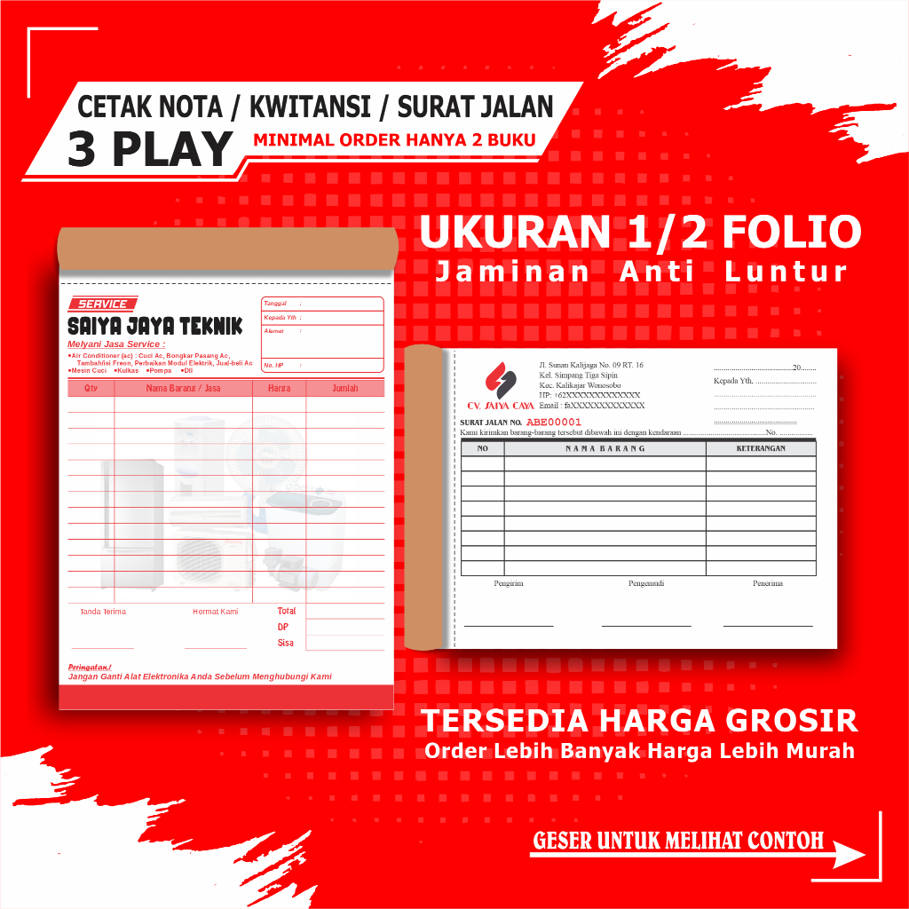 Jual Cetak nota custom 3 ply 1/2 folio - bebas desain | Shopee Indonesia