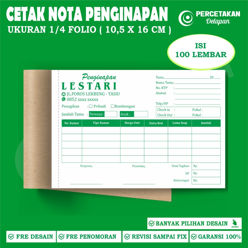 Jual nota kwitansi penginapan custom - kwitansi hotel - kwitansi ...