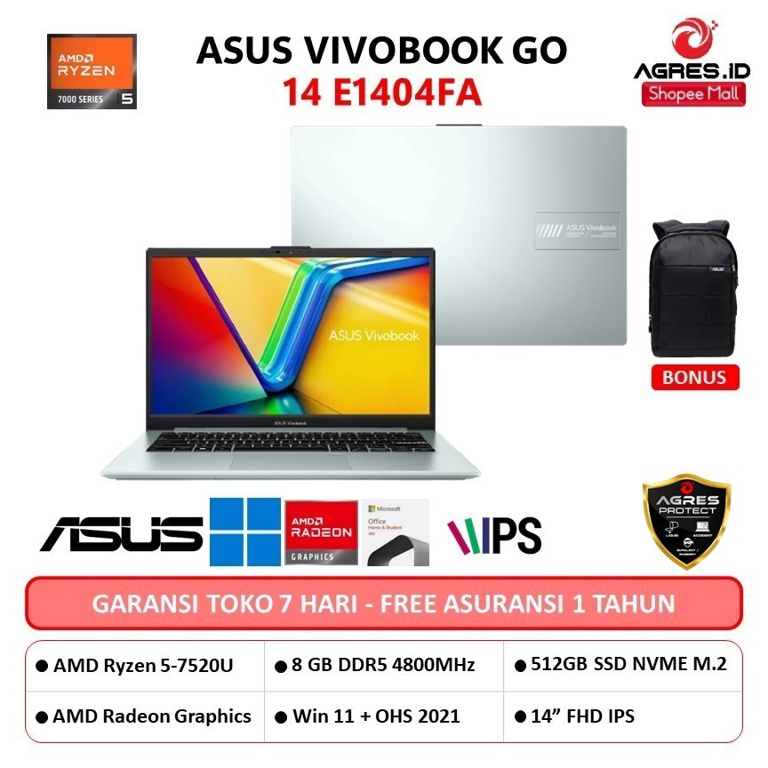 Jual ASUS VIVOBOOK GO 14 E1404FA RYZEN 5 7520 8GB 512GB W11+OHS 14.0FHD ...