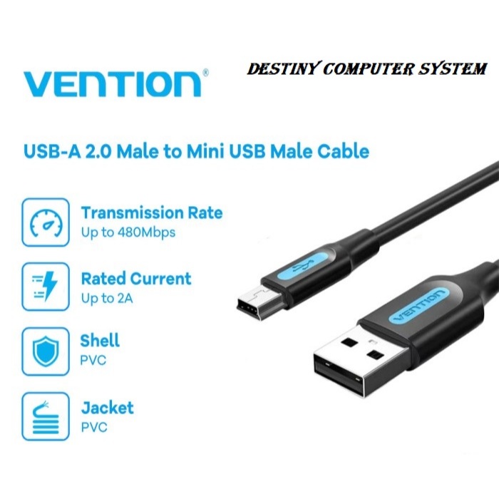 Jual Kabel Cable Vention USB 2.0 A Male to Mini B 5Pin Male 1.5M Black ...