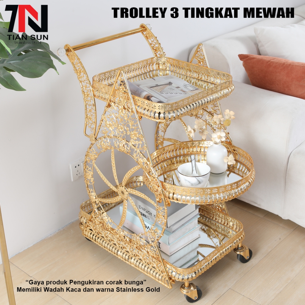 Jual Tian Sun Troli Mewah 3 Tingkat Stainless Emas - Desain Ukiran ...