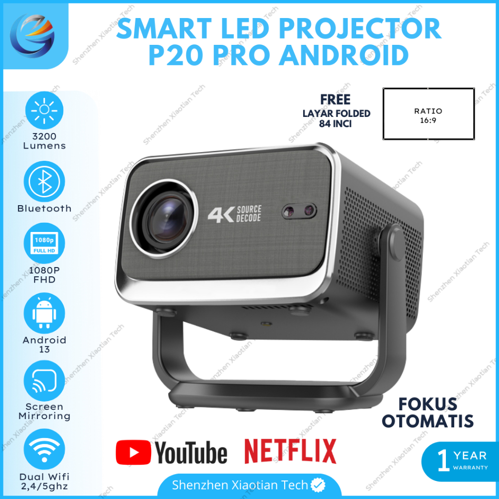 Jual Smart Proyektor Mini LED P20 Android 13.0 Wifi 3200 Lumens 360 ...