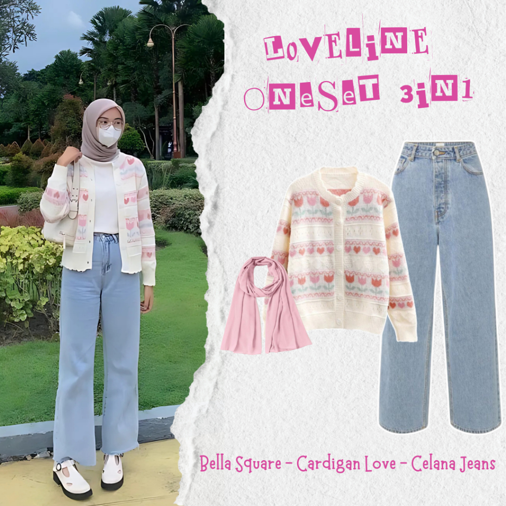 Jual LOVELINE ONESET 3IN1 - Outfit Wanita Hijab Cute Include ( Celana Jeans + Cardigan Love ...