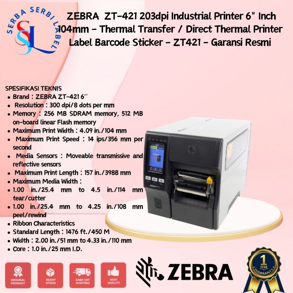 Jual ZEBRA ZT-421 203dpi Industrial Printer 6" Inch 168mm - Thermal ...