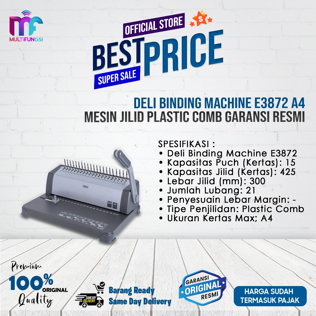 Jual Deli Binding Machine E3872 A4 Mesin Jilid Plastic Comb Garansi ...