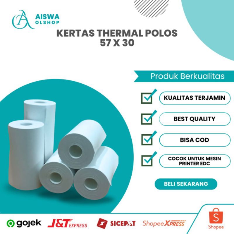 Jual ( 10 ROLL ) KERTAS THERMAL POLOS 57X30 COCOK UNTUK MESIN PRINER ...