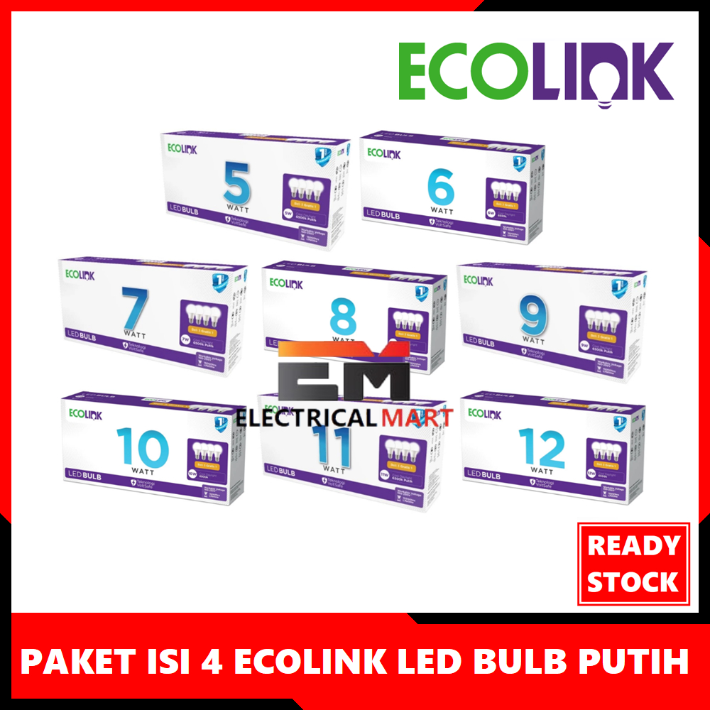 Jual Paket isi 4 Lampu Bulb LED Ecolink 5W 6W 7W 8W 9W 10W 11W 12W Putih Multipack 5 6 7 8 9 11 ...