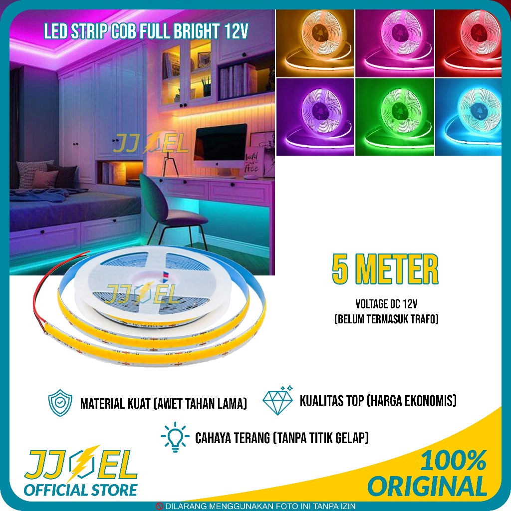 Jual LED Strip COB 12V 5 Meter - Terang 5M 12 Volt Cahaya Merah, Biru ...