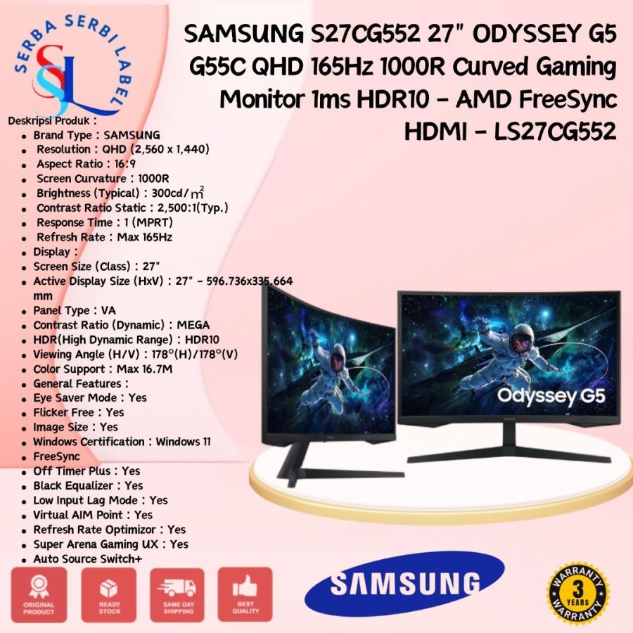 Jual SAMSUNG S27CG552 27" ODYSSEY G5 G55C QHD 165Hz 1000R Curved Gaming ...