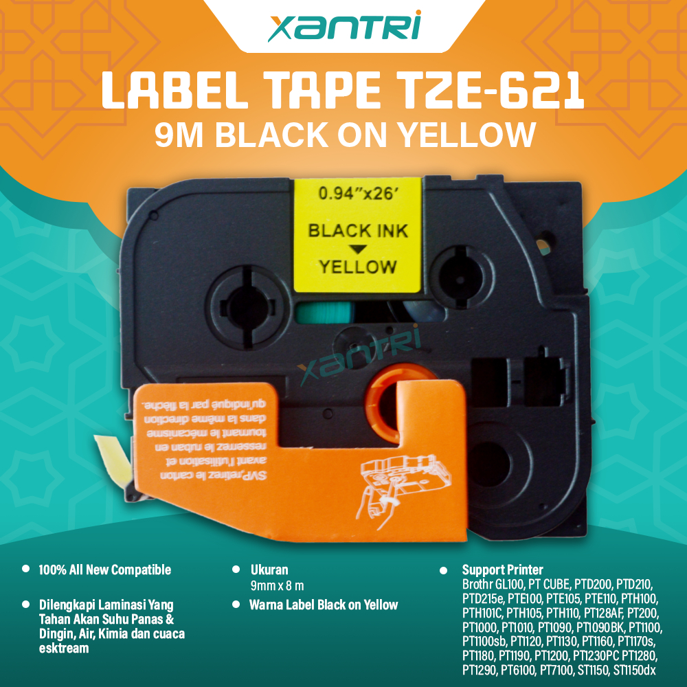 Jual Xantri - Label Tape Casette Black On Yellow 9mm TZE-621 TZE 621 ...