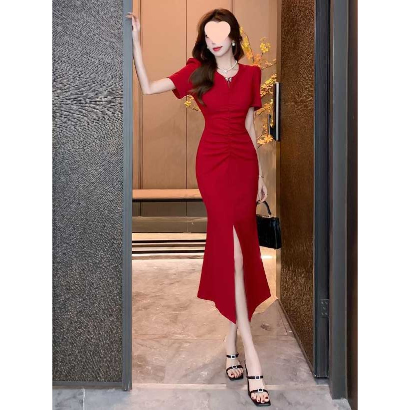 Jual midi dress wanita korea merah D8251 / dress merah import / dress ...