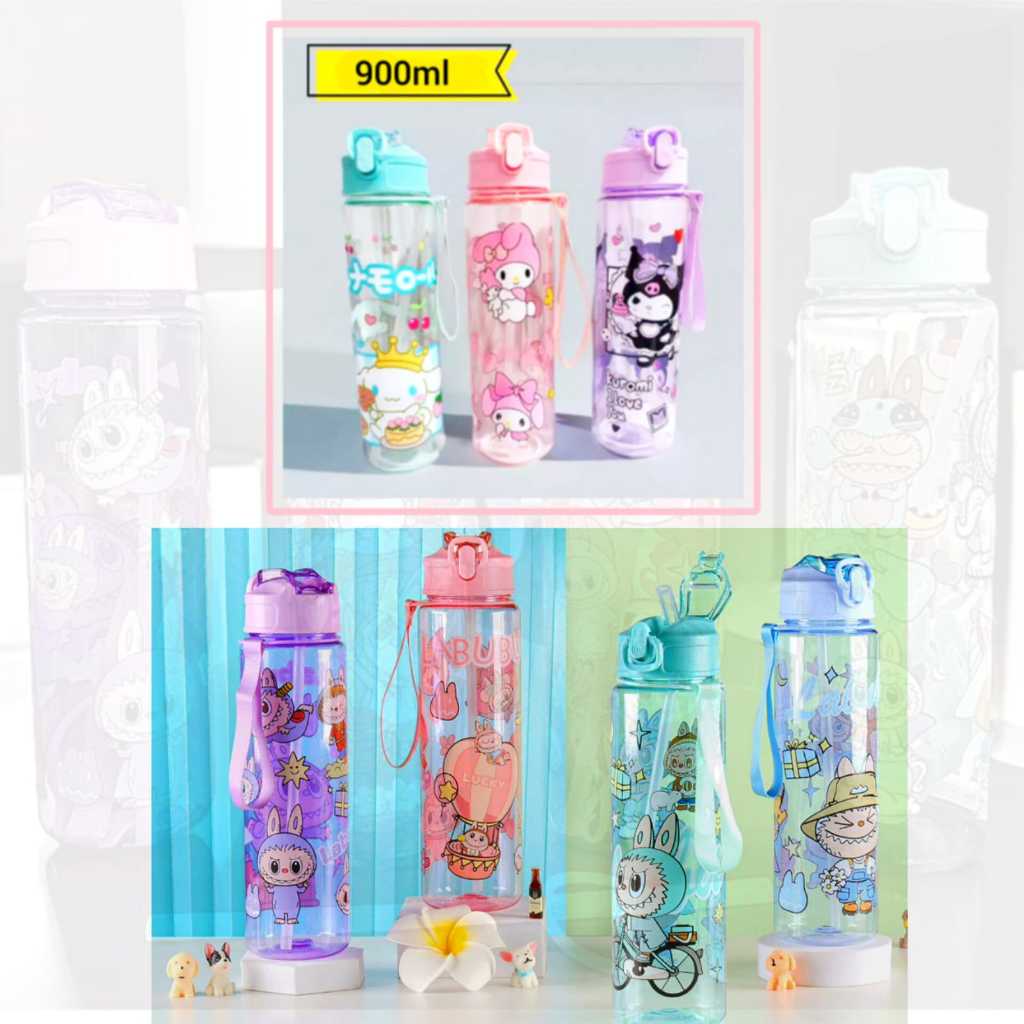 Jual Veiso_Botol Minum Anak Motif Sanrio dan Labubu Karakter Lucu Ukuran 900ml Sedotan + Tali ...