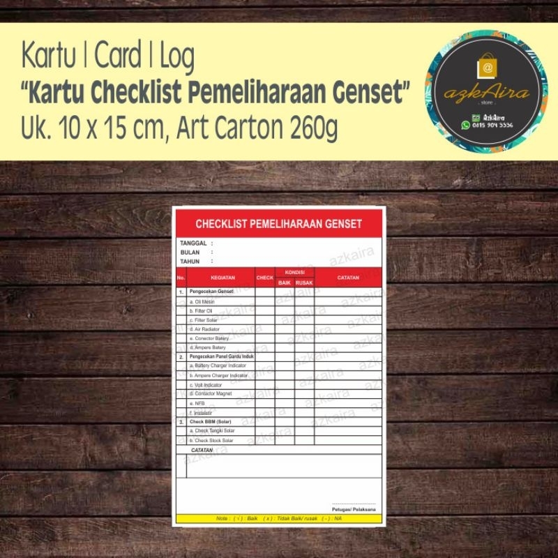 Jual Kartu Checklist Ceklis Log Pemeliharaan Genset | Shopee Indonesia