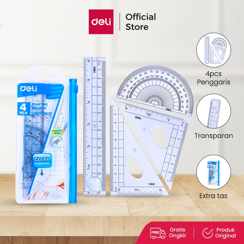 Jual Deli Set Penggaris Set Persegi Busur Derajat Set 4pcs PS tembus ...