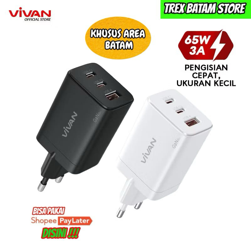 Jual VIVAN ADAPTER CHARGER C65 65W + 3A 1 USB + DUAL TYPE C PORT ...