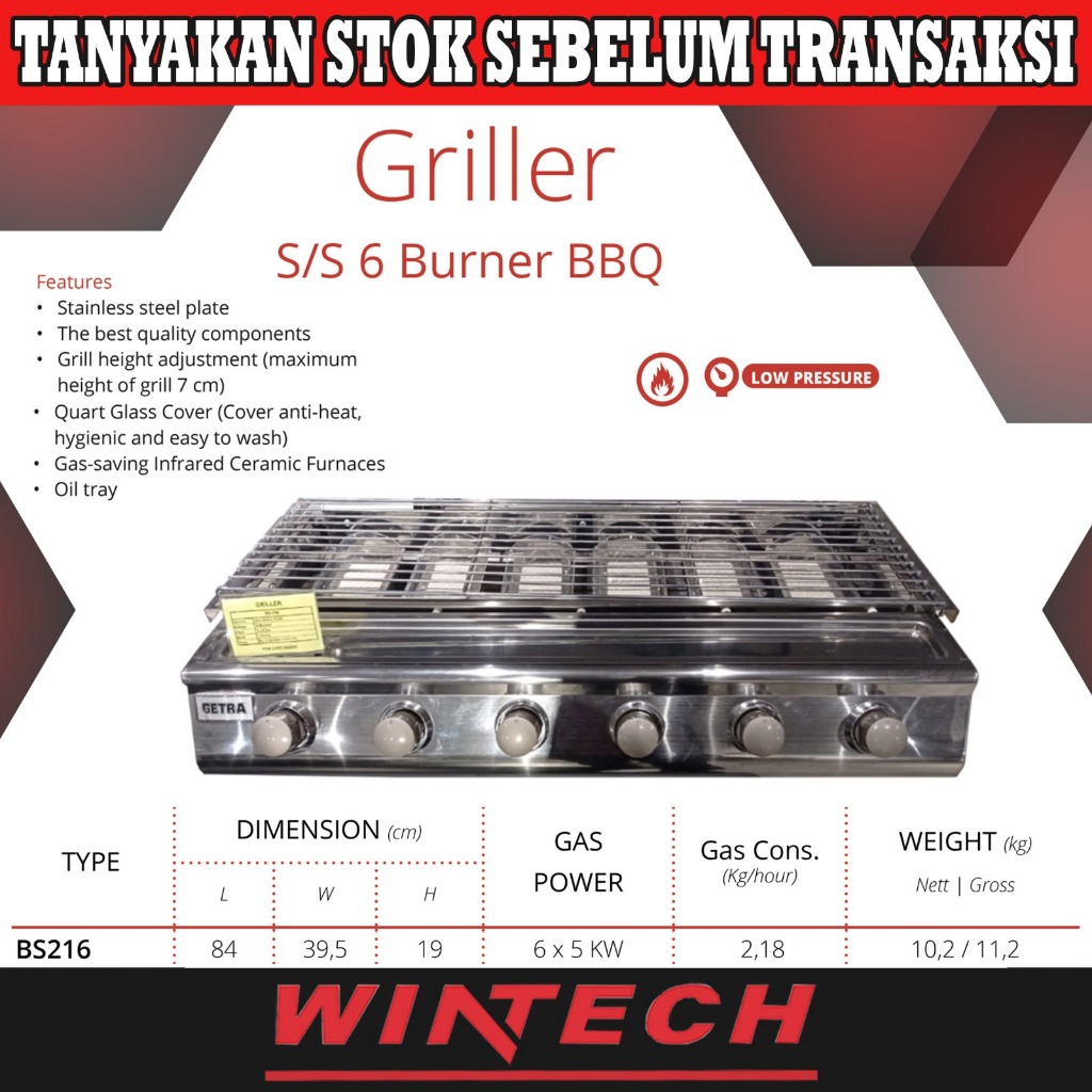 Jual Getra BS-216 Pemanggang 6 Tungku Stainless Steel Menggunakan Gas ...