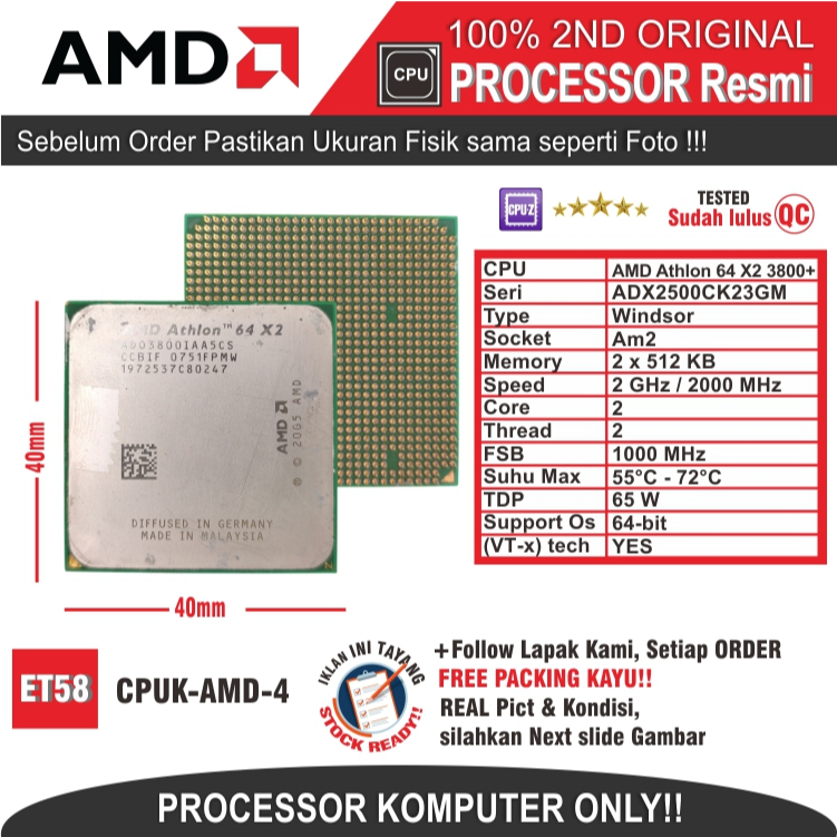 Jual ET58 CPUK-AMD-4 PROCESSOR PC KOMPUTER AMD ATHLON 64 X2 3800 ADX2500CK23GM | Shopee Indonesia