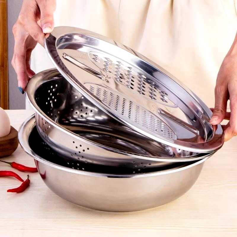 Jual BASKOM STAINLESS 3 IN 1 / Parutan Saringan Sayur Dan Buah ...