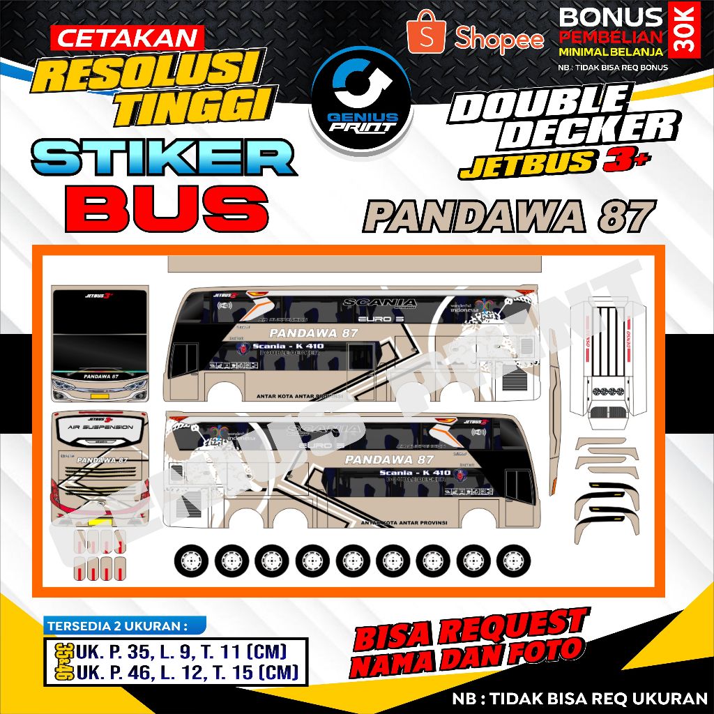 Jual Stiker A3 Miniatur Bus Double Decker Jetbus 3+ Livery Pandawa 87 ...