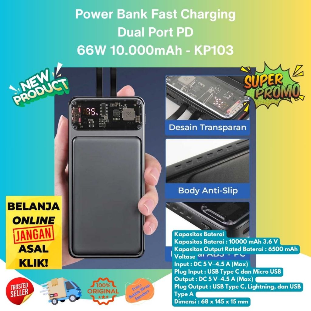 Jual Power Bank Fast Charging Dual Port PD 66W 10000mAh KP103 Kualitas ...