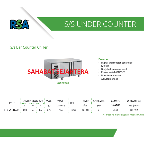 Jual RSA Stainless Steel Bar Counter Chiller XBC-150-2D Chiller ...