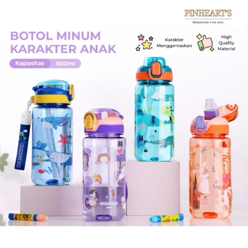 Jual BOTOL AIR MINUM ANAK KARAKTER ANIMAL LUCU UKURAN 600ML BPA FREE LENGKAP TALI + SEDOTAN ANTI ...