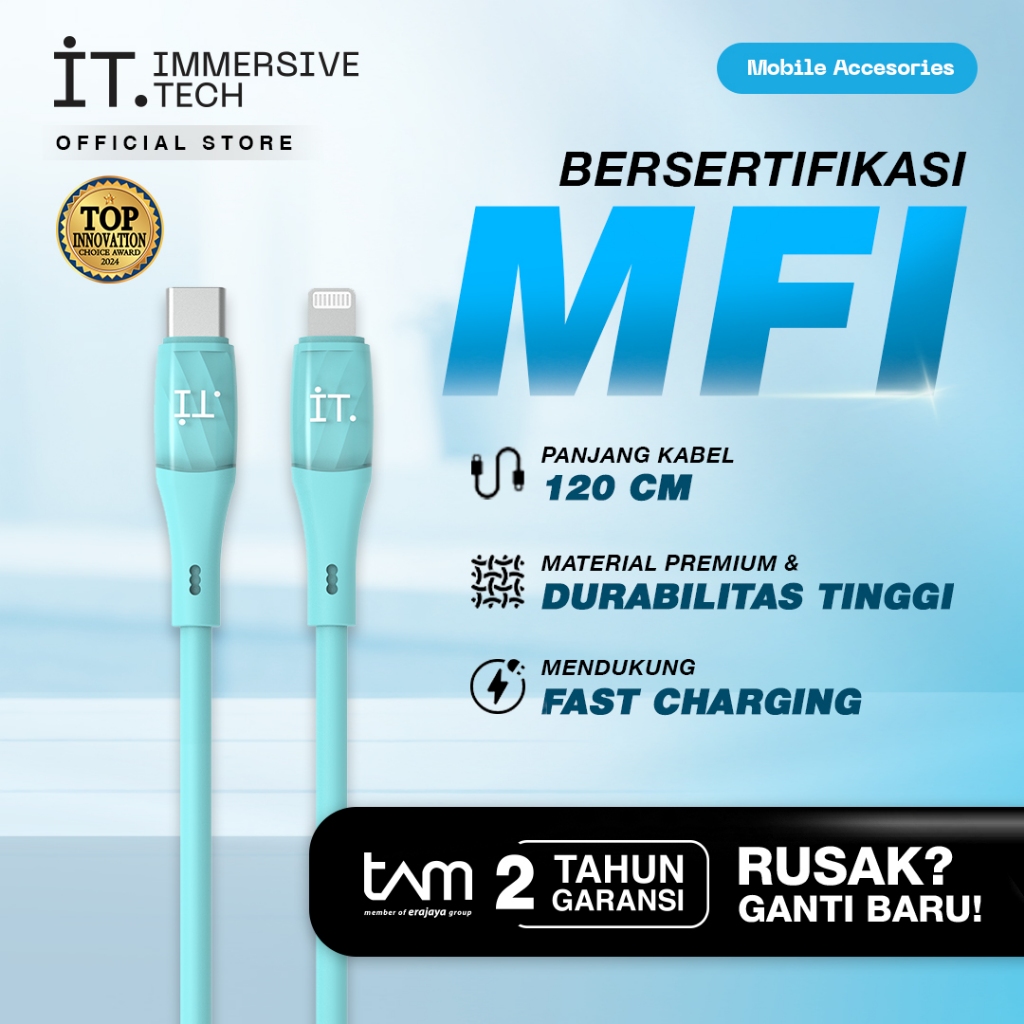 Jual IT Trans Silica Cable USB C to Lightning MFI - Mint | Shopee Indonesia