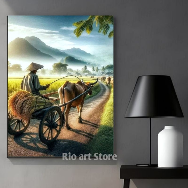 Jual Hiasan dinding poster lukisan ai petani dengan kereta sapi untuk ...