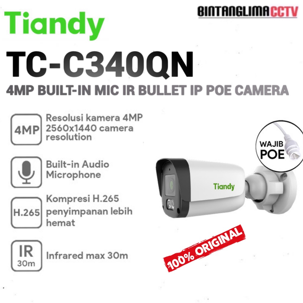 Jual TIANDY TC-C34QN 4MP BUILT-IN MIC IR BULLET IP POE CAMERA | Shopee ...