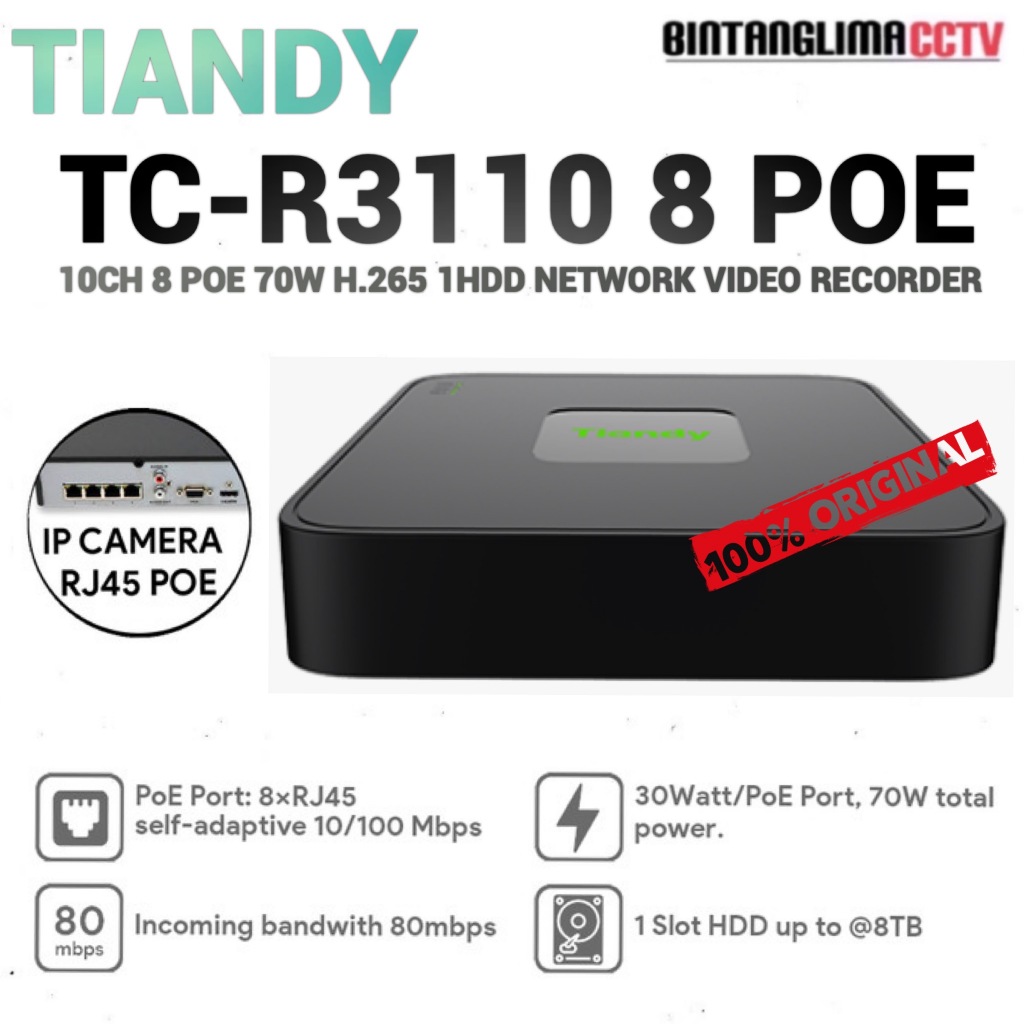 Jual TIANDY TC-R3110 8 POE 10CH 8 POE 70W H.265 1HDD NETWORK VIDEO RECORDER | Shopee Indonesia