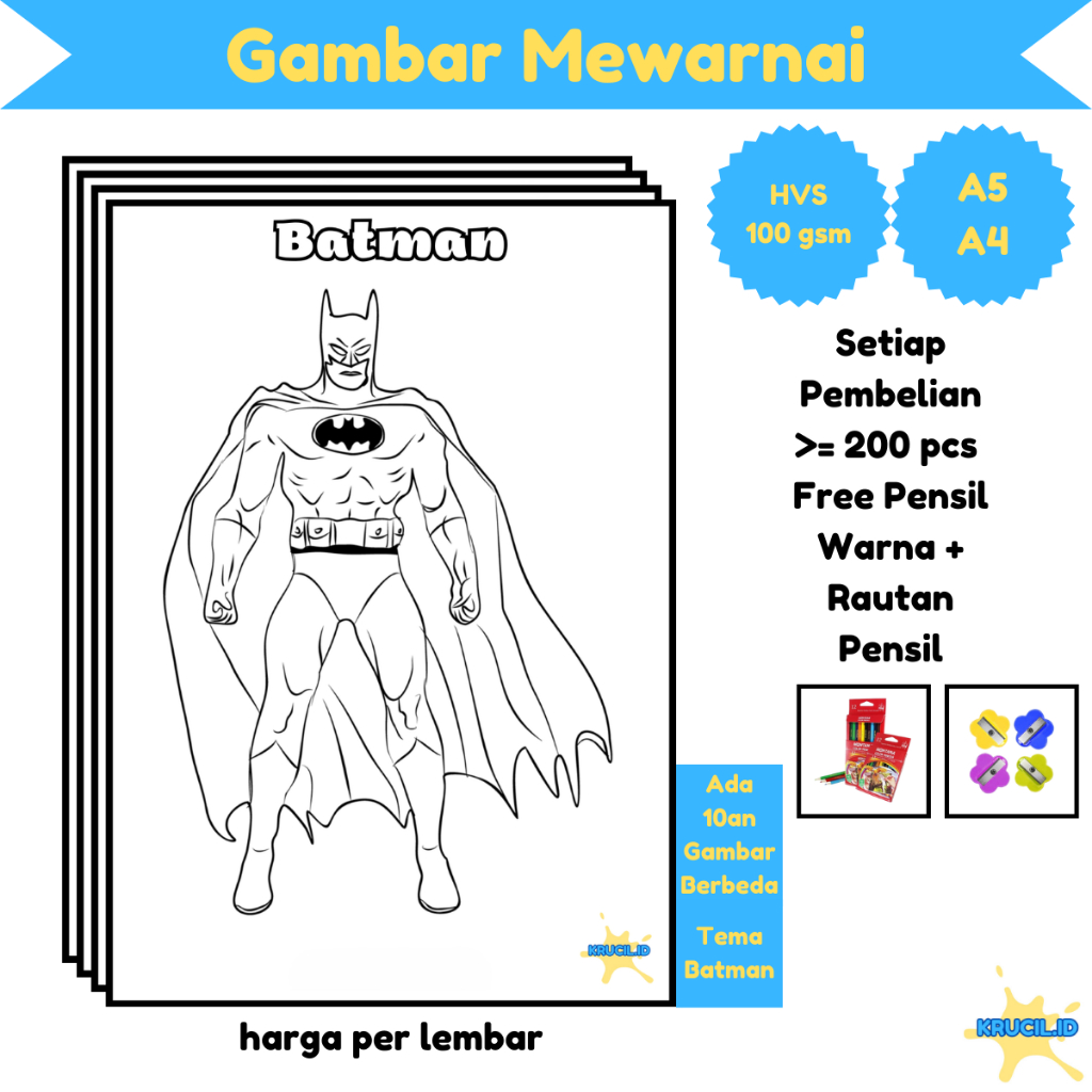 Jual Gambar Mewarnai Batman Super Hero Anak PAUD TK SD Kertas HVS 100 ...