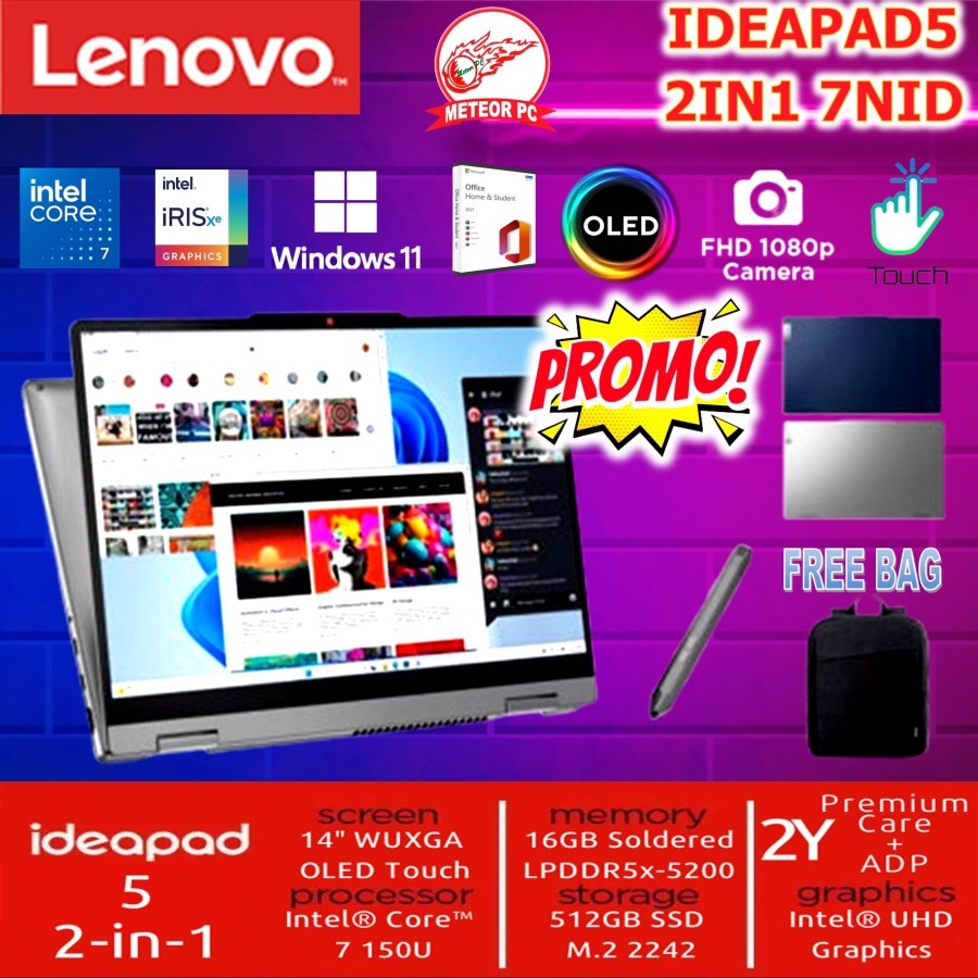 Jual Lenovo IP5 2 in 1 7NID 7PID Core 7 150U/16GB/512GB SSD/14" OLED Touch/W11+OHS - Grey-7NID ...