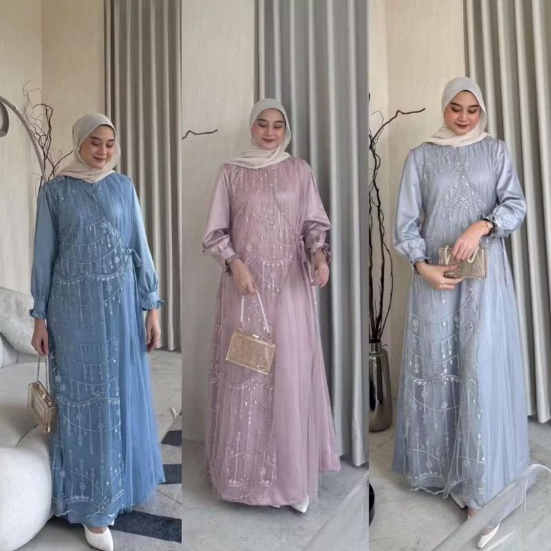 Jual kinar dress pesta kondangan burkat mewah elegan gamis lebaran 2025 velvet mix tille garden ...