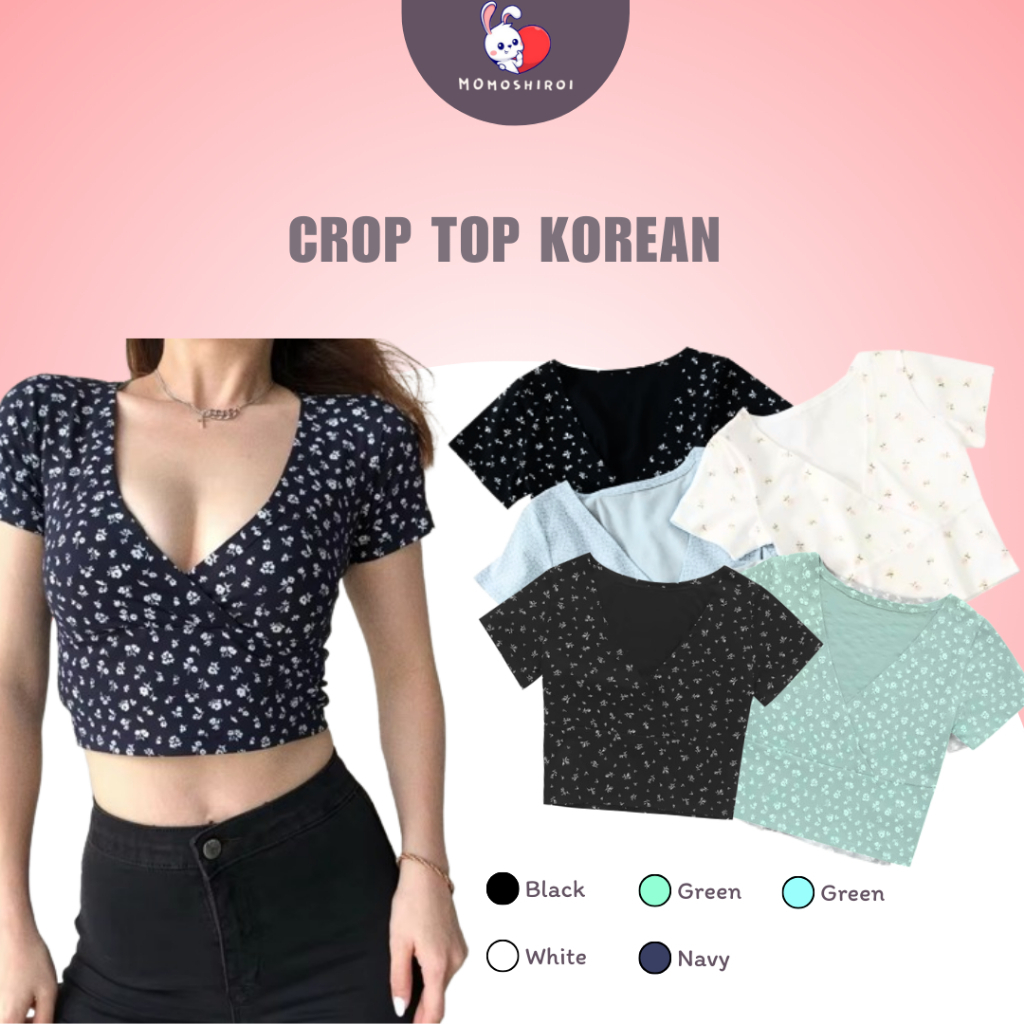 Jual Baju Wanita Motif Bunga Crop Top Atasan Korean Sexy Lengan Pendek ...