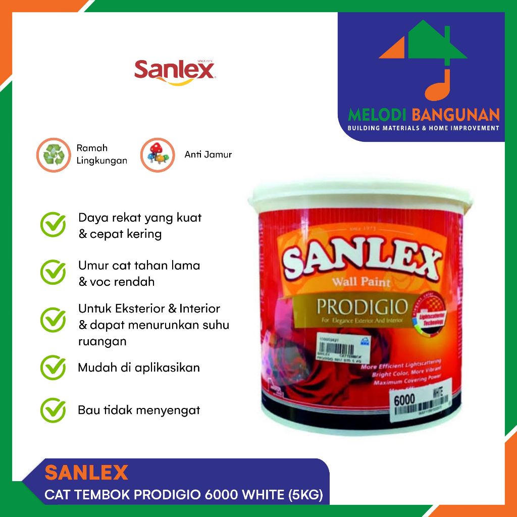 Jual Sanlex - Cat Tembok Prodigio 6000 White + Putih Galon 5 Kg 5Kg ...