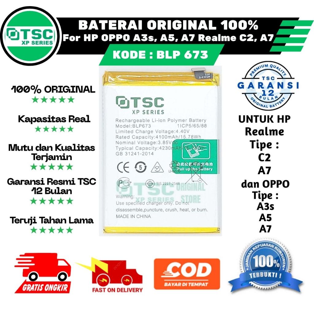 Jual TSC-BATERAI ORIGINAL 100% BLP673, BATRE BATERAI BATTERY OPPO A3s ...