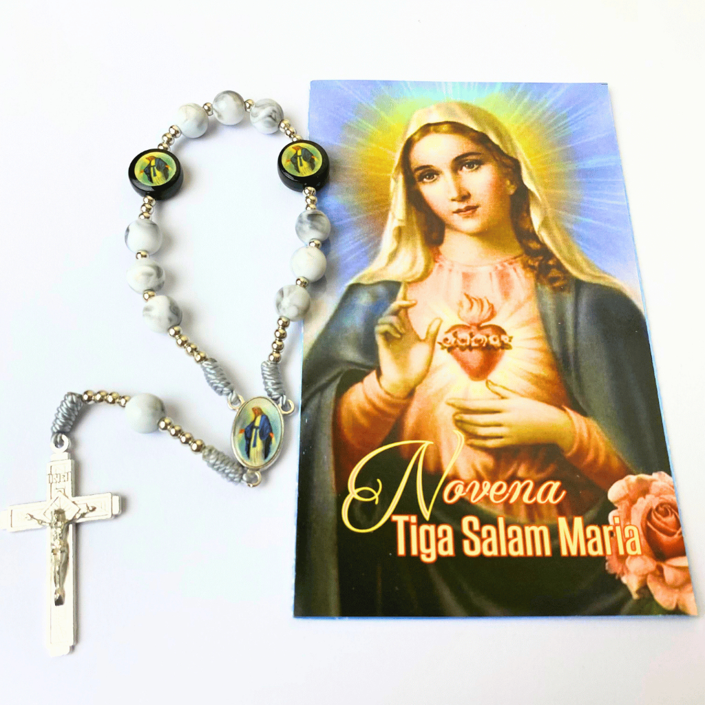 Jual Bundle doa novena tiga salam Maria - rosario marmer putih series silver dan lembaran doa ...