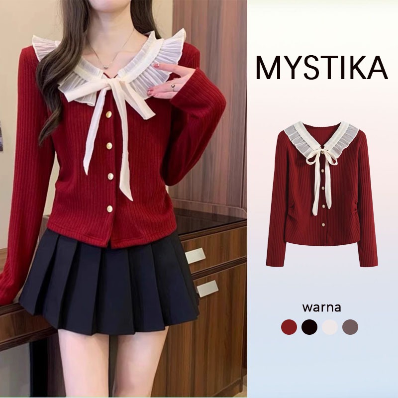 Jual MYSTIKA Atasan Rajut Wanita Premium Leher Renda Pita Round Neck ...