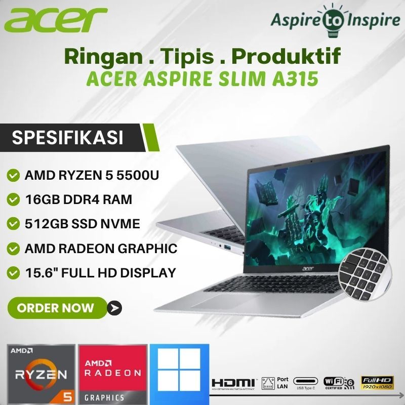 Jual ACER Laptop A315-44-R7ZT 15.6" FHD AMD Ryzen 5 5500U RAM 16GB ...