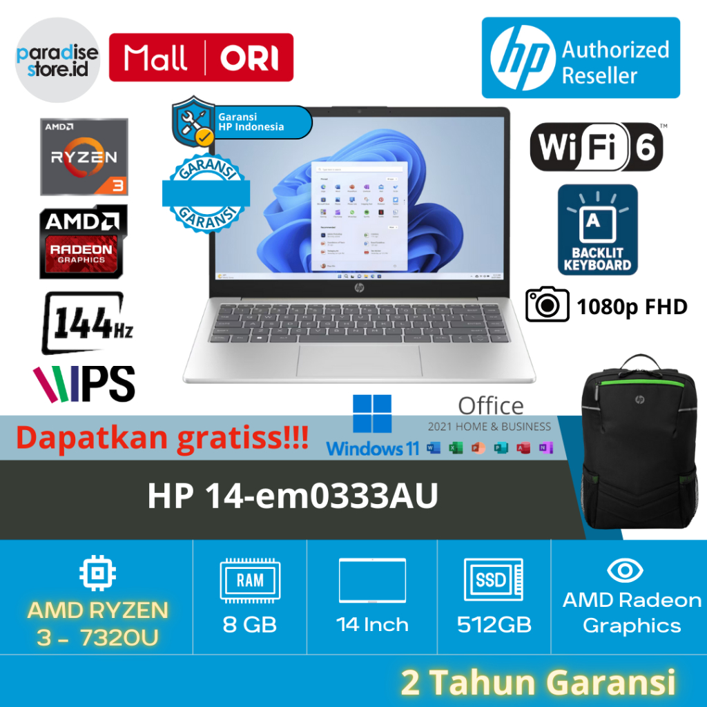 Jual Laptop HP 14-em0333AU Ryzen 3-7320U 14" FHD IPS 8GB 512GB SSD ...