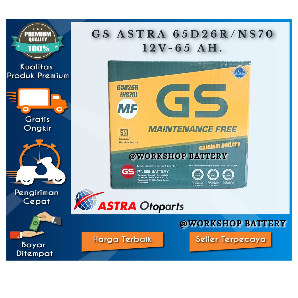 Jual AKI MOBIL TROVER. GS ASTRA 65D26R / NS70 12V-65 AH. | Shopee Indonesia