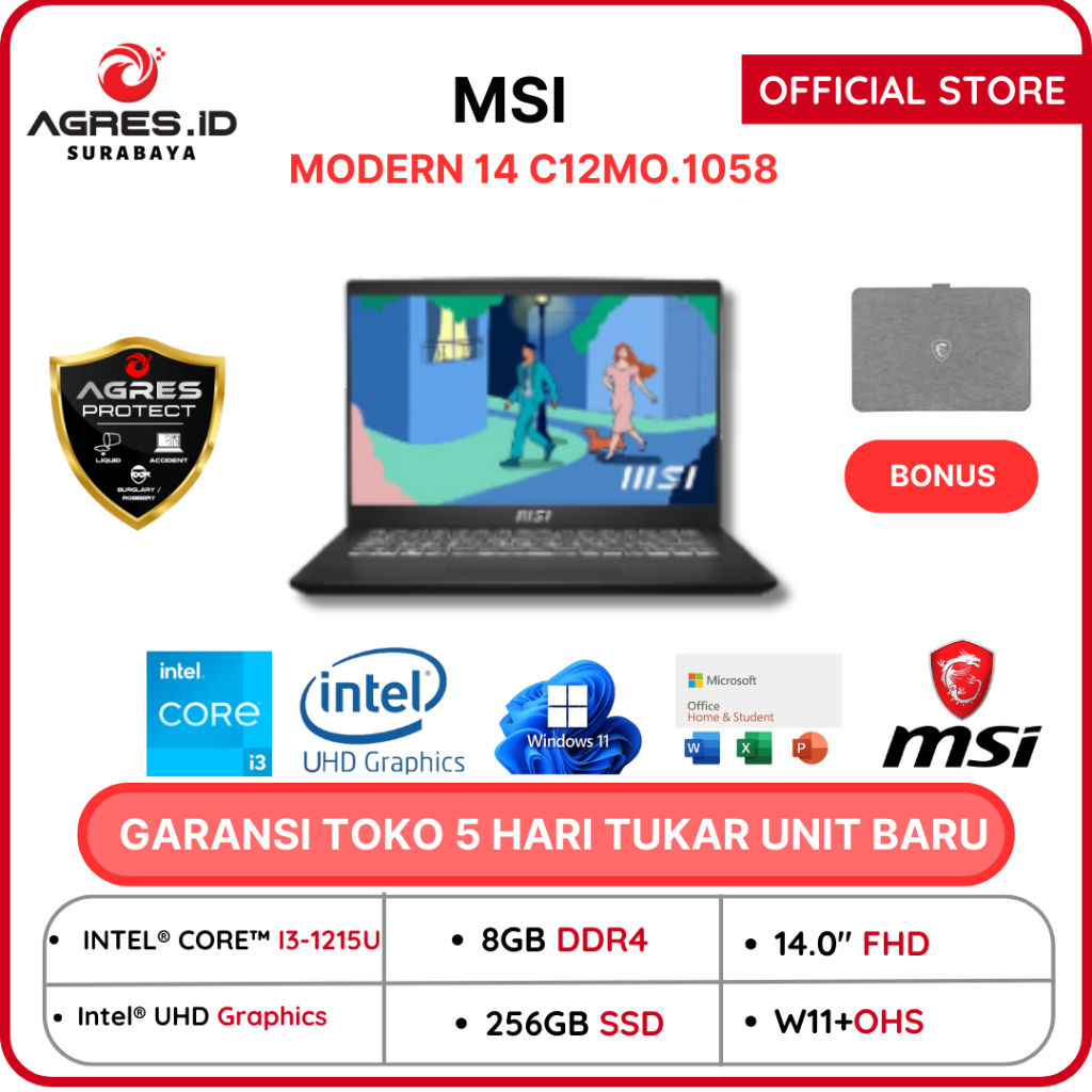 Jual MSI MODERN 14 I3 1215 8gb 256gb Windows11+Office 14.0fhd BLIT IPS 2Y-C12MO.1058 | Shopee ...