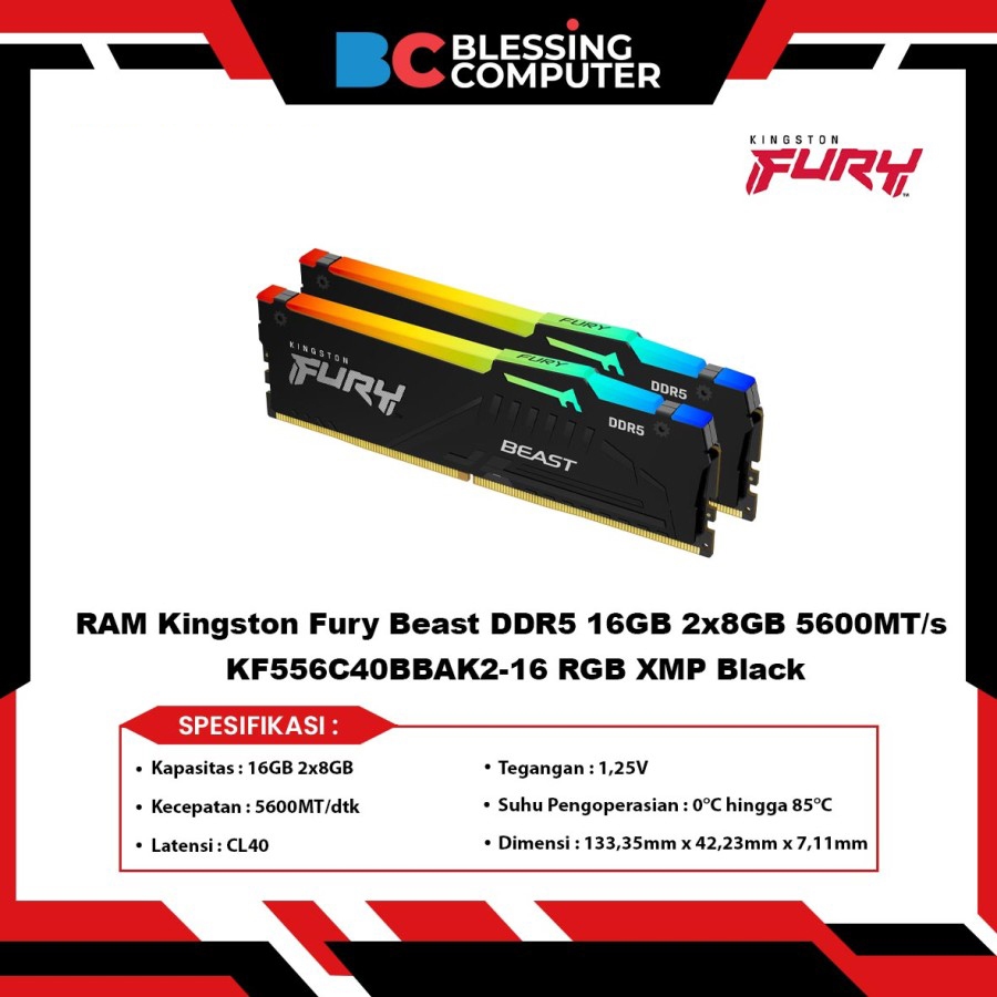 Jual RAM Kingston Fury Beast DDR5 16GB 2x8GB 5600MT/s KF556C40BBAK2-16 RGB XMP Black | Shopee ...