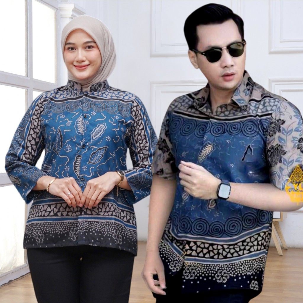Jual COUPLE Baju Batik Kemeja Lengan pendek Dan Blus Lengan Panjang Ful kancing Motif godong ...