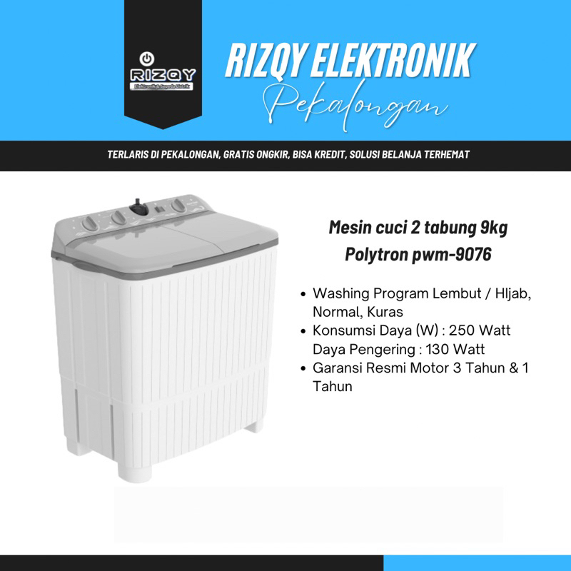 Jual Mesin cuci 2 tabung 9kg Polytron pwm-9076 | Shopee Indonesia