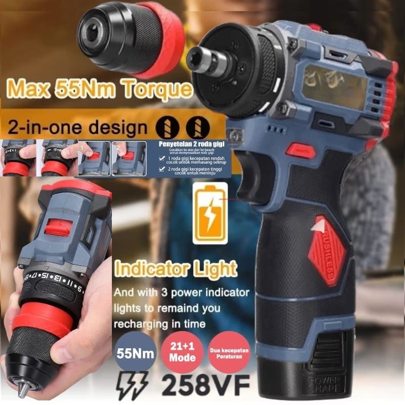 Jual Bor Brushless 10mm 3 in 1 98VF Mesin Bor Baterai Tangan Cordless ...