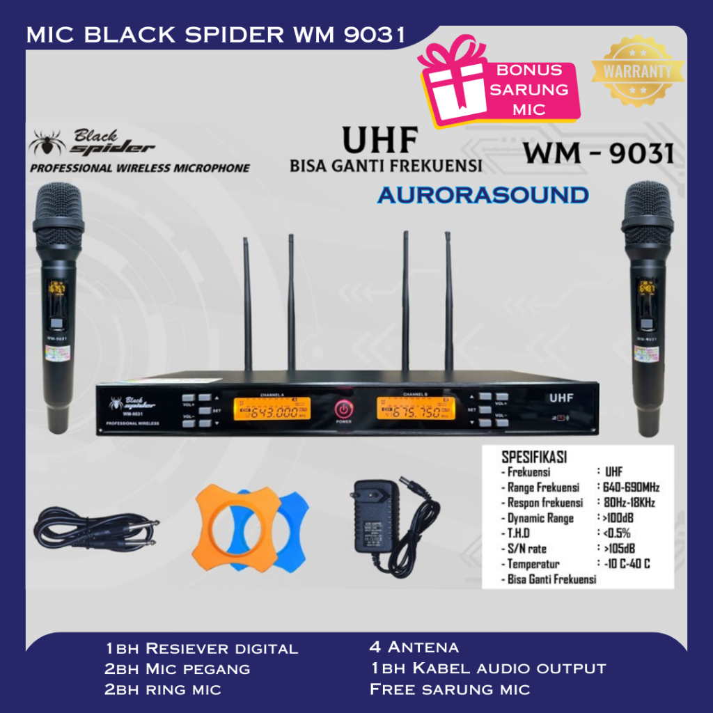 Jual MIC BLACK SPIDER WM-9031 WIRELESS MICROPHONE BLACKSPIDER WM9031 MIC GENGGAM ORIGINAL BS UHF ...