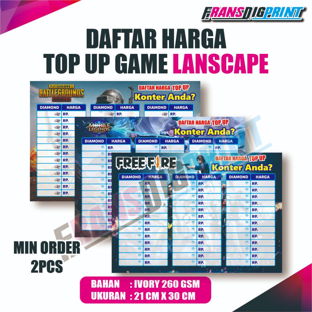 Jual POSTER DAFTAR HARGA TOP UP GAME LANSCAPE , DAFTAR HARGA TOP UP ...
